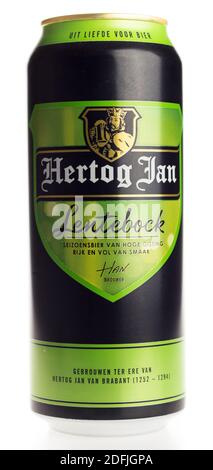 Can of dutch Hertog Jan Grand non-alcoholic lager beer isolated on a ...