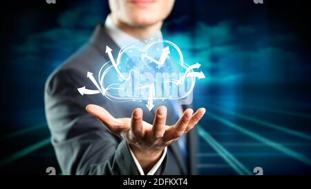 Businessman in front of cloud service icons with VIRTUAL MACHINE ...