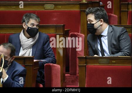 Olivier Faure et Hugues Renson during a debate on the global security ...