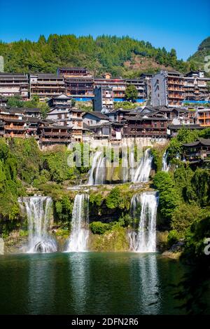 The Wangcun Waterfall at Furong Ancient Town, Hunan, China Stock Photo ...