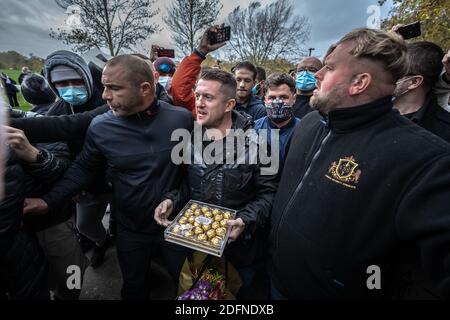 Tommy Robinson arrives at Speakers’ Corner in Hyde Park in a show of ...