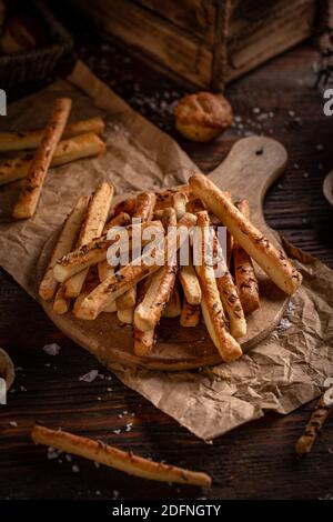 Delicious homemade salted sticks with cumin and sea salt Stock Photo ...