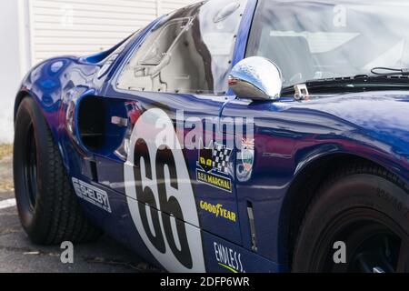 Front view of Ford GT MkII in Gulf Racing livery parked under a covered shed Stock Photo - Alamy