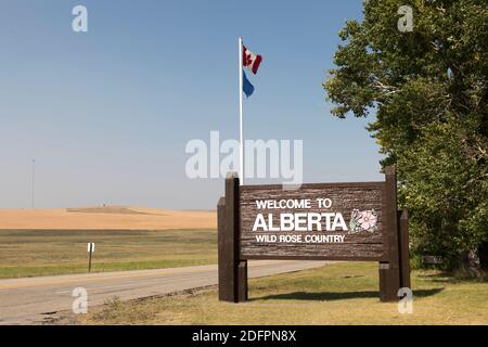 Welcome to Alberta - wild rose country. Welcoming sign to the famous ...