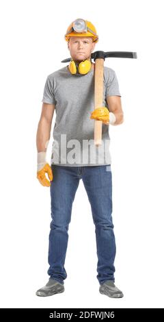 Miner man with pick axe on grey background Stock Photo - Alamy