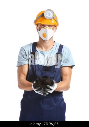 Miner man with coal on white background Stock Photo - Alamy
