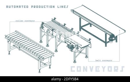 Stylized Vector illustration of several types of conveyors Isometric ...