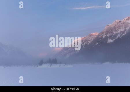 The blue hour captured at frozen Gold Creek Pond in Washington Stock ...
