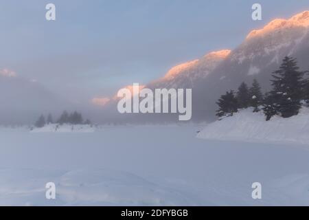 The blue hour captured at frozen Gold Creek Pond in Washington Stock ...