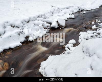 Winter mountain stream in Karelia flows through the forest. The power ...