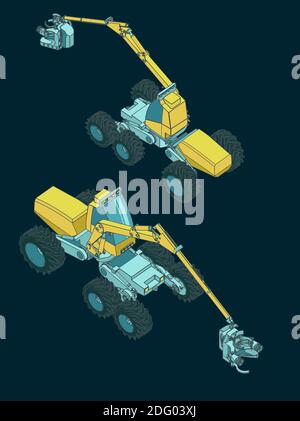 Stylized vector illustrations of a forest harvester machine colorful ...