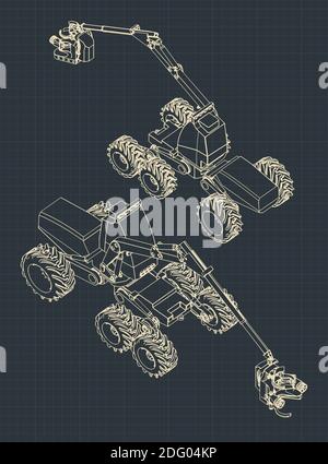 Stylized vector illustrations of a forest harvester machine colorful ...