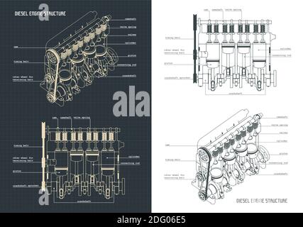 Vector drawings and basic structure of a diesel four-cylinder engine ...