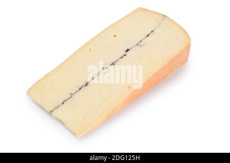 Studio shot of Morbier cheese complete with ash layer cut out against a ...