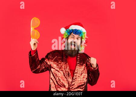 Disco music. Warmest greetings this season. Bearded man celebrate ...