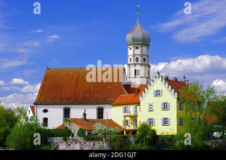 Lake Constance, moated castle am Lake Constance. Catholic parish church ...