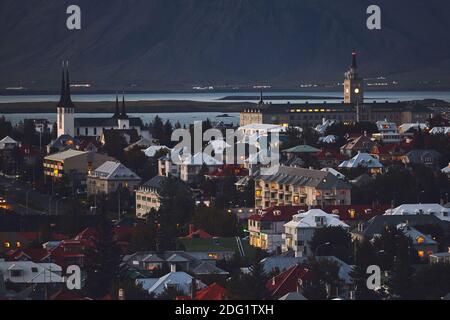 Beautiful aerial view of Reykjavik, Iceland, with scenery beyond the ...