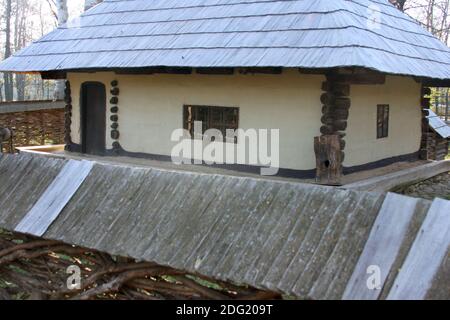 Simple small log house, historical structure from the 1700s displayed ...