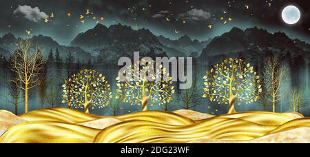 3d modern canvas art mural wallpaper landscape moon, golden trees and ...
