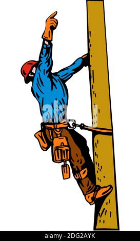 Illustration of an electrician construction worker lineman looking up ...