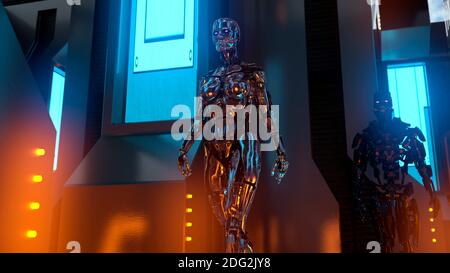 Two metallic cyborgs in a futuristic room - 3d rendering Stock Photo ...