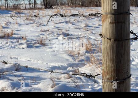 Wooden snow fence on the prairie to stop drifting snow from piling up ...