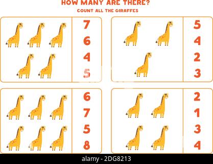 Math game worksheet, African giraffes, flowers and leaves, vector ...
