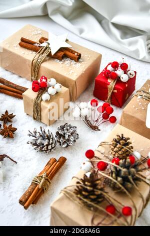 Zero waste christmas concept. Packed in natural fabric gifts and ...