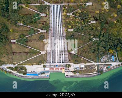 Aerial view, Hydro-electric power station at Inveruglas, wooden pyramid ...