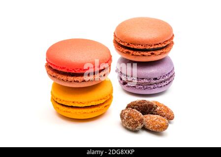 Fresh baked colorful almonds macarons, traditional French cakes close ...