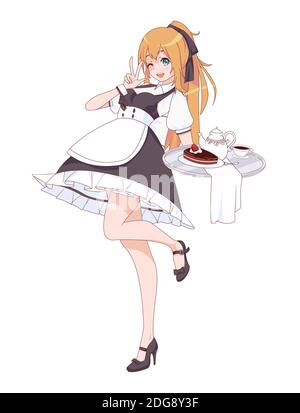 Anime manga girl dressed as a maid. Waitress with a tray of sweets ...