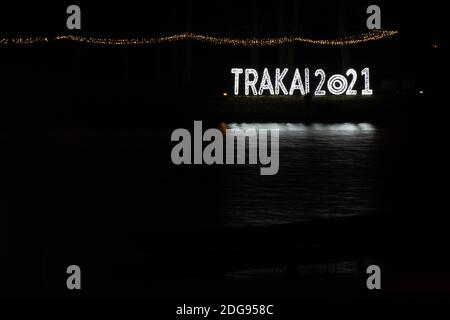 Logo of Trakai, Lithuanian capital of Culture 2021 with lights at night ...
