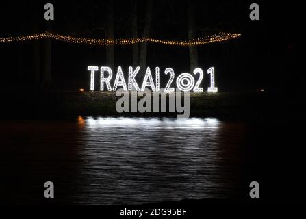 Logo of Trakai, Lithuanian capital of Culture 2021 with lights at night ...