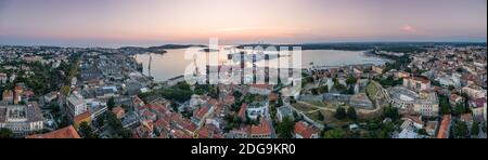 View of the Pula Arena at sunrise. Pula, Istria, Croatia Stock Photo ...