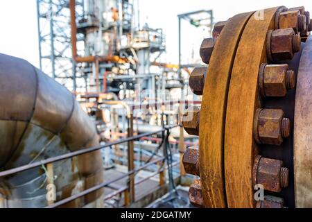 Industrial heat exchanger or boiler rusty tubes bundle. Dismantled heat ...