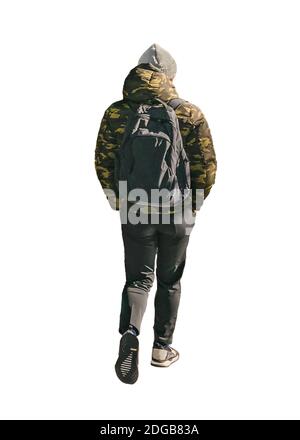 Traveller man with a hat carrying his backpack and his suitcase ...