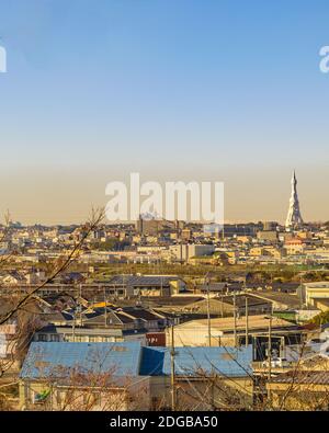 Aerial view above Osaka skyline from observation deck of viewing ...