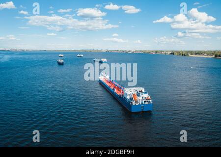 Self-propelled scow on the river with cargo aerial view Stock Photo - Alamy