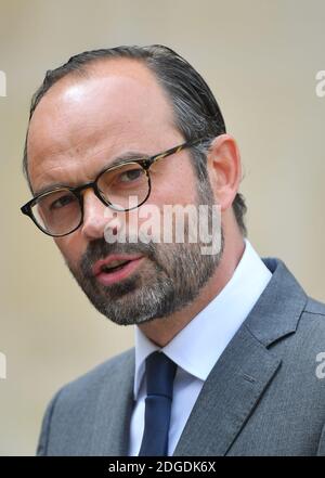 Prime Minister Edouard Philippe makes a statement before leaving the ...
