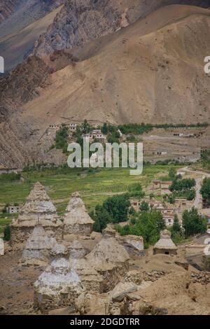 Stupas scattered on the hillside beneath Zangla Palace, Tsa-zar ...