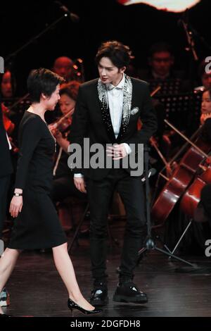 Chinese singer Zhu Zhengting and actress Hani Kyzy attend a promotional ...