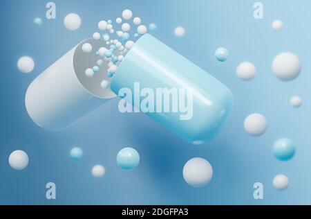 Blue Capsule with white drug balls inside isolated on blue. 3D ...