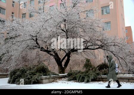 People wear thick down jacket walking on the street as temperature ...