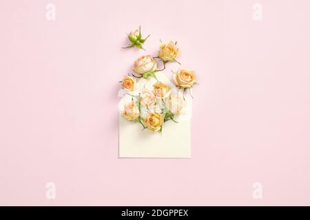 Valentine day composition with Envelope, rose flower and Red heart on ...