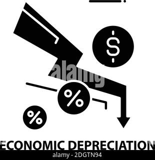 economic recession concept, money bag and arrow down icon over white ...