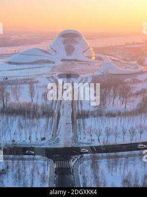Aerial view of Harbin Opera House covered in snow, which is spectacular ...