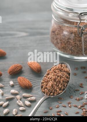 Homemade LSA mix in spoon - Linseed or flax seeds, Sunflower seeds and ...