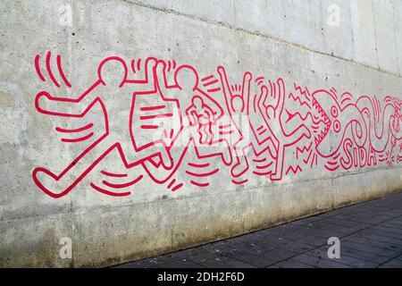Keith Haring mural against AIDS (SIDA),next to MACBA. Raval quarter ...