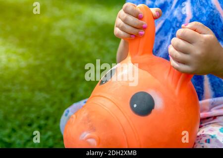 A child jumping on a bouncing donkey toy Stock Photo - Alamy