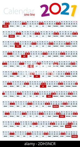 Linear calendar 2021 vector template with 12 pages. Colorful calendar ...